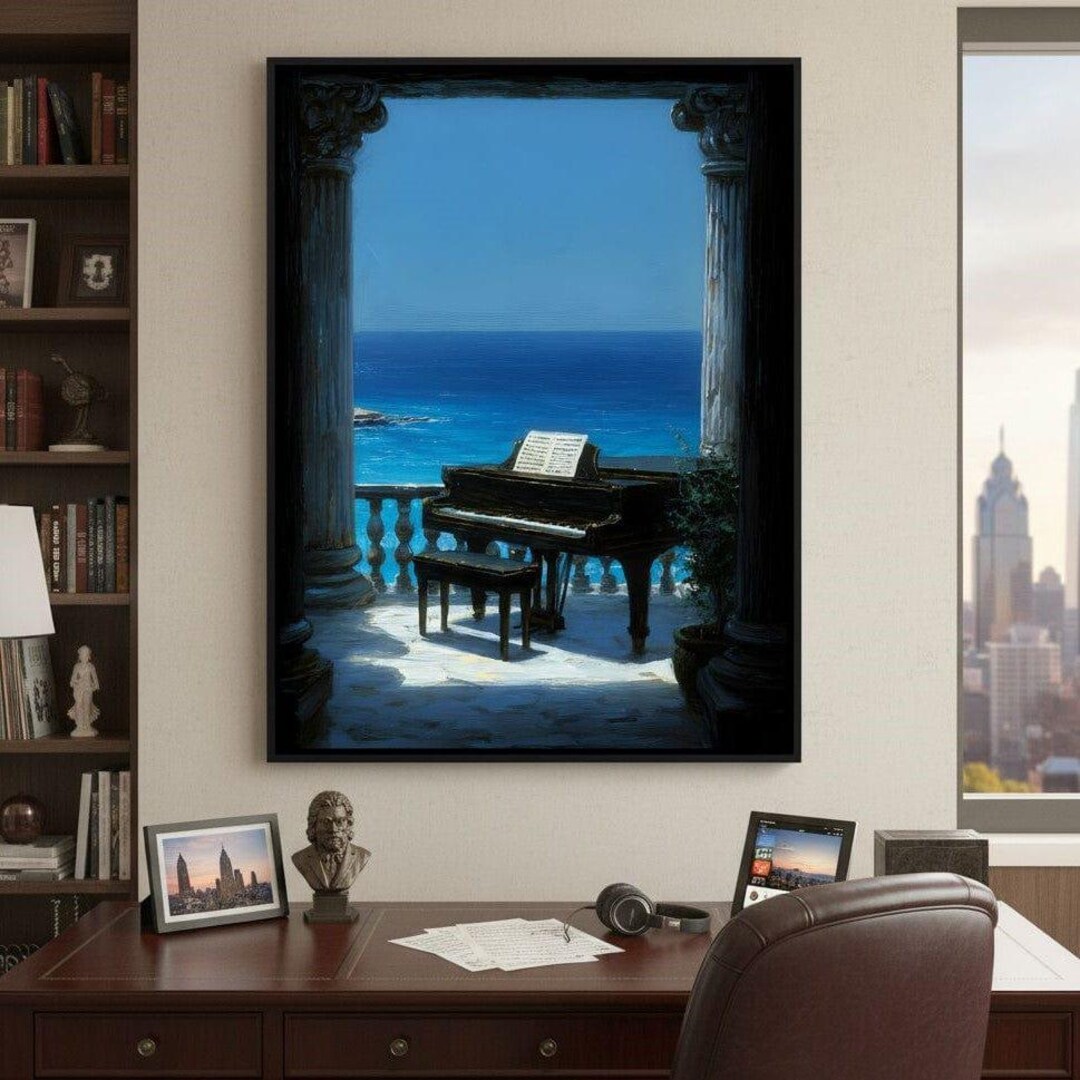Seaside Sonata Grand Piano View: Elegant Coastal Home Decor | Ocean ...