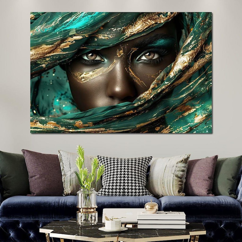 Emerald Gaze Gold Essence: Modern Decor Face Portrait Green and Gold ...