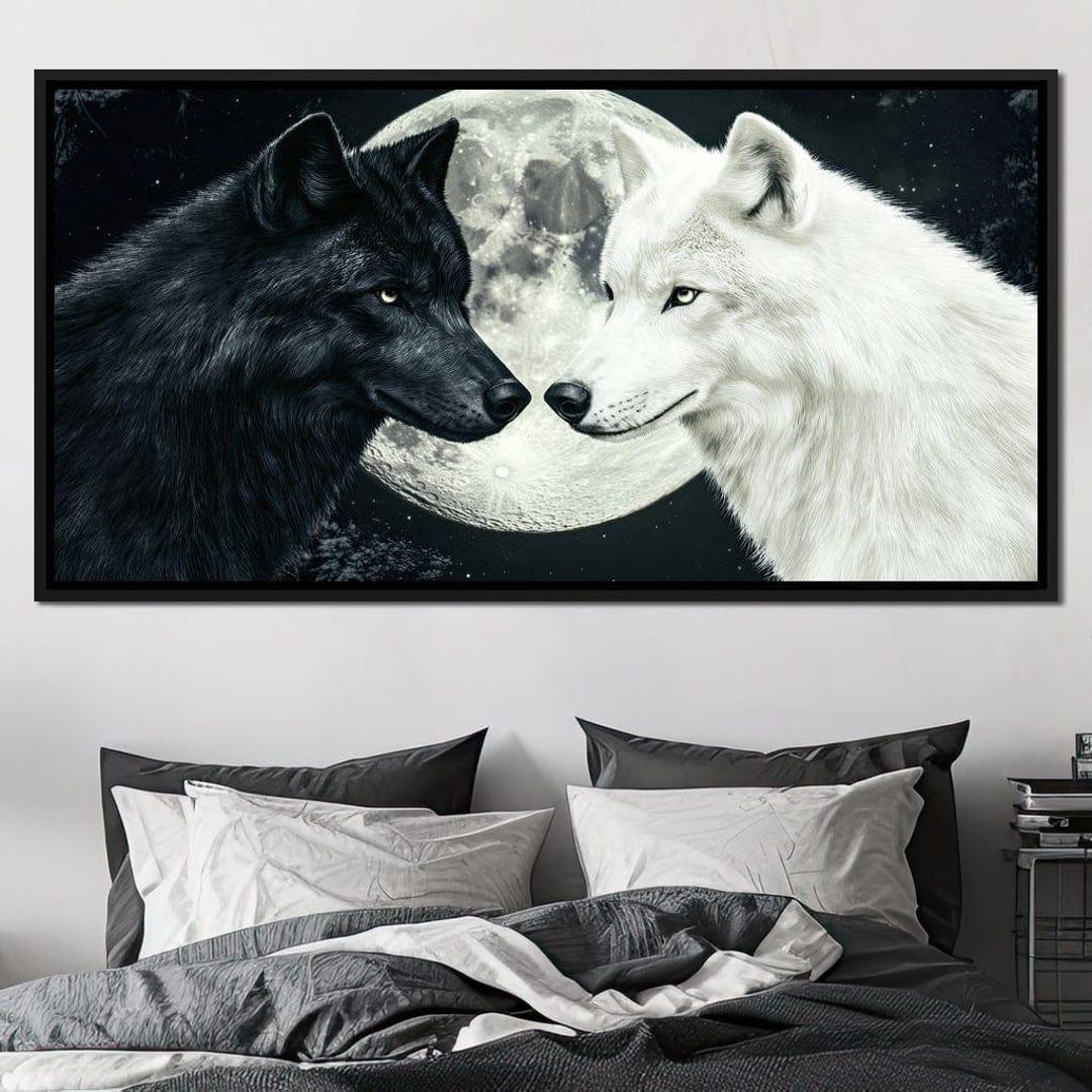 Lunar Wolves: Black & White Moonlit Wolf Art | Mystical Home Decor ...