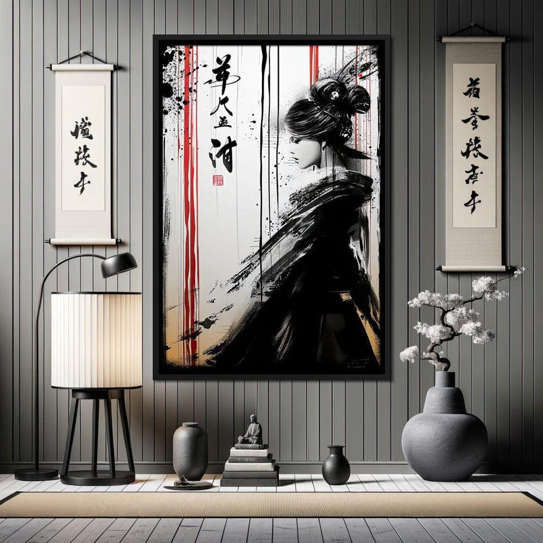 Ink Veiled Geisha Mystery: Japanese Zen Decor | Elegant Brush Stroke ...