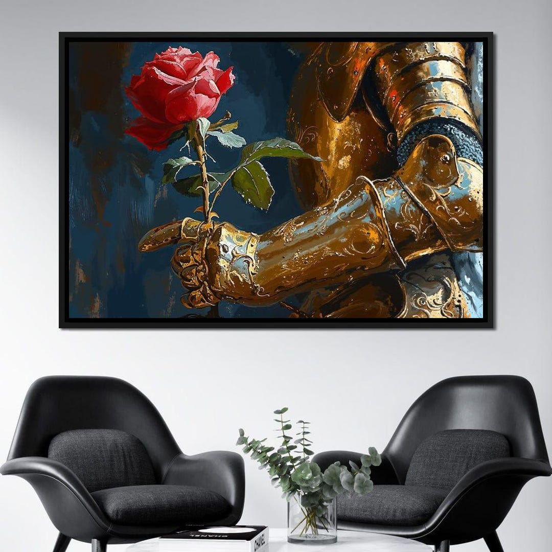 Chivalrous Bloom in Armor: Romantic Wall Art Knight With Rose Medieval ...