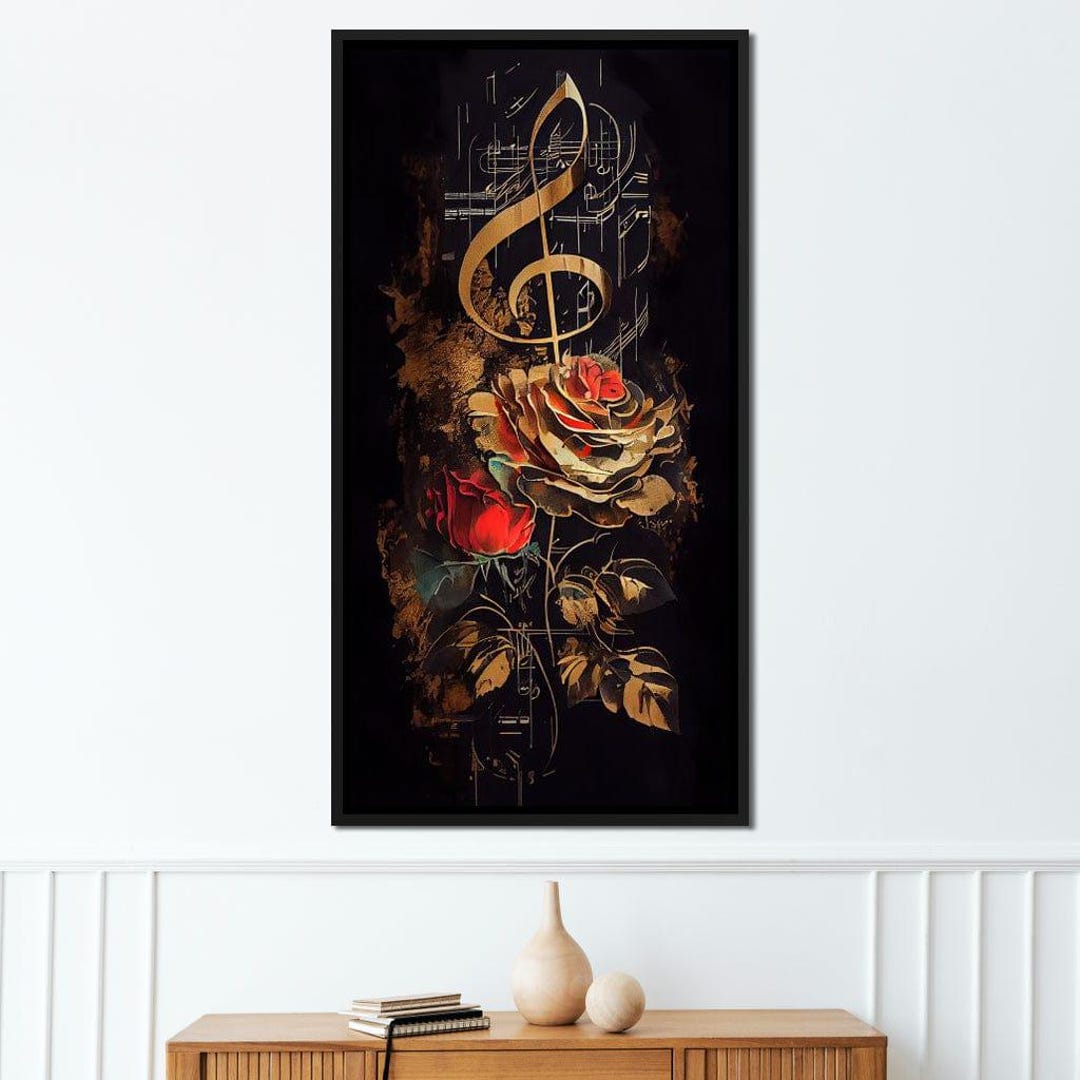 Red Rose & Musical Note: Floral Wall Decor Gold Accents Unique Art ...