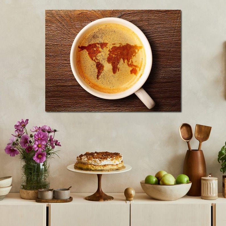 World Map Coffee Cup: Coffee Themed Wall Art | World Map Decor | Travel ...