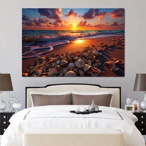 Sunset at the Seashell Shore Coastal Scene Beach Wall Art Ocean Sunset ...