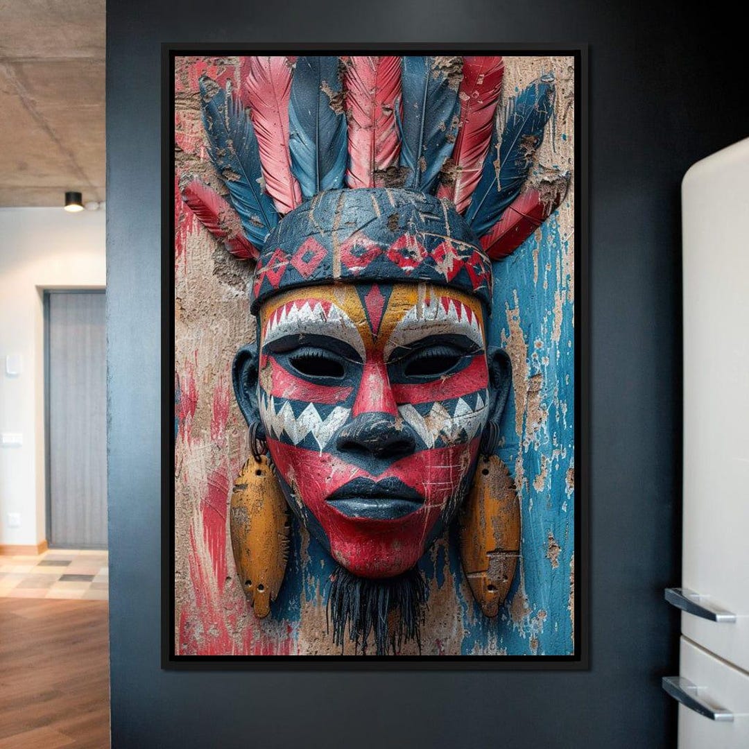 Tribal Echoes in Color: Blue Pink Mask Art | Ethnic, Vibrant Wall Decor ...
