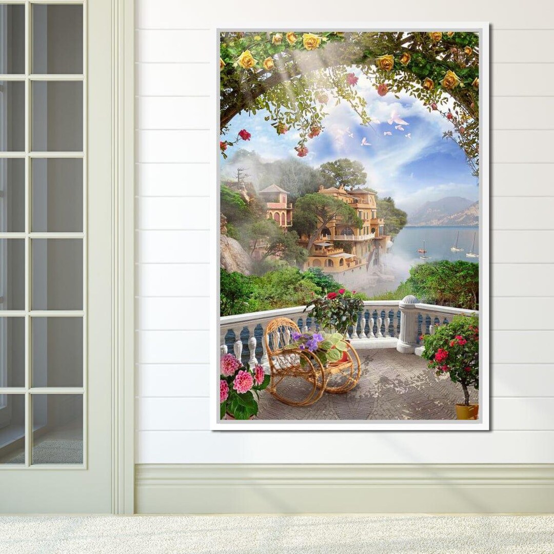 Lovely Terrace: Scenic Wall Art | Flower Balcony | House by Lake ...