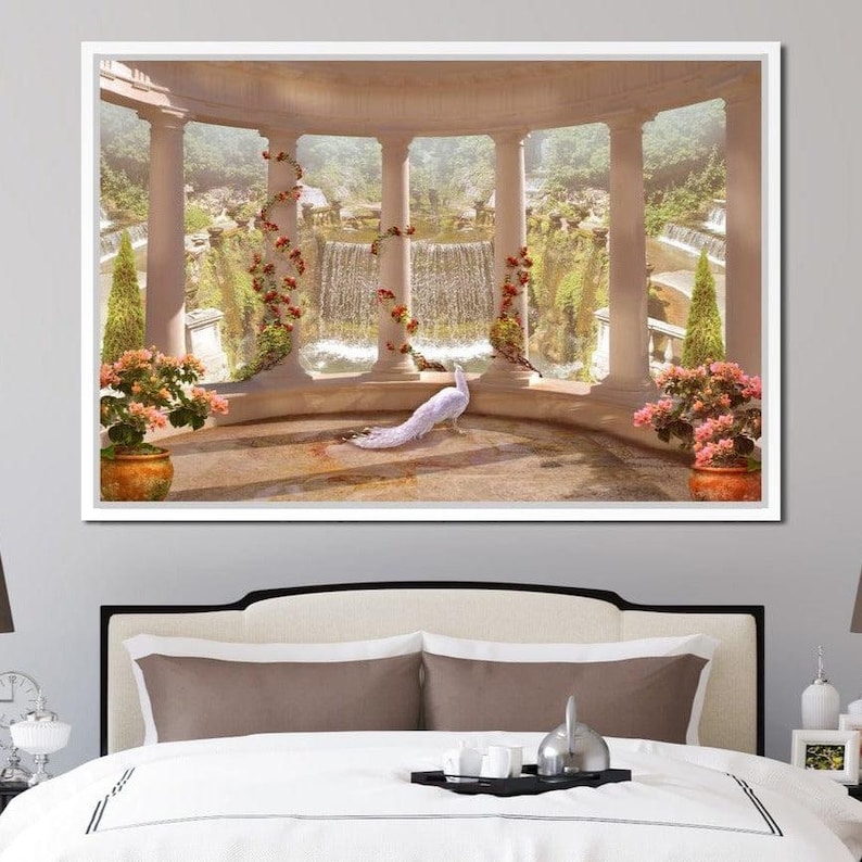 Classical Garden & Waterfall: Serene Landscape Art Print | Nature Wall ...