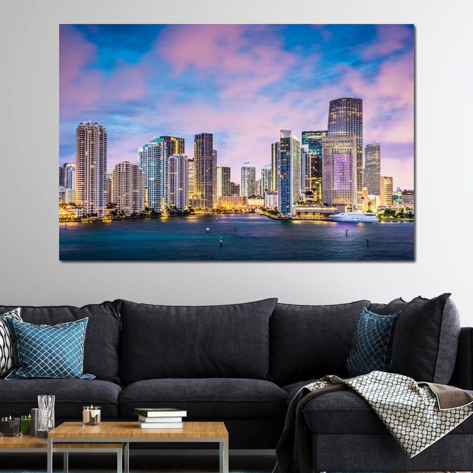 Downtown Miami: Vibrant Skyline Art | Miami Sunset Cityscape | Coastal ...