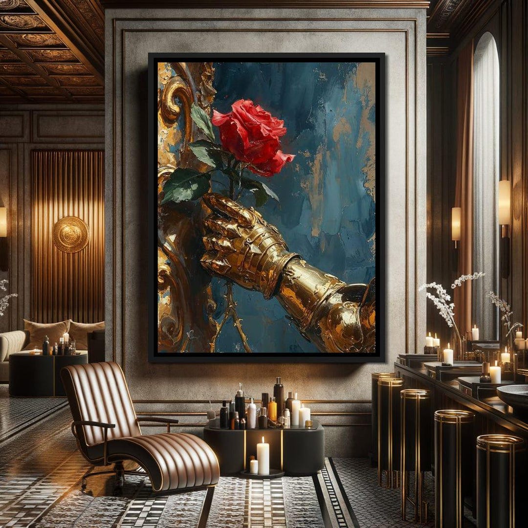 Knightly Bloom in Gilded Gauntlet: Medieval Rose Art | Gold Armor Decor ...