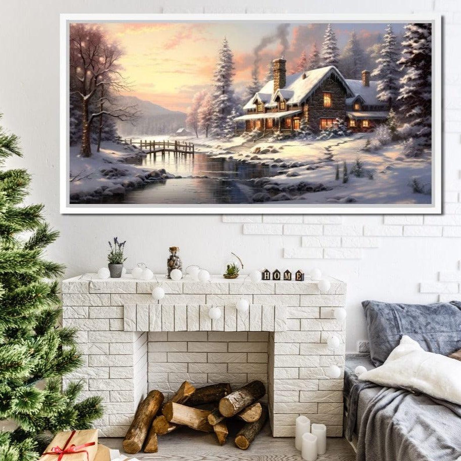 Christmas Cottage Home: Cozy Winter Scene | Rustic Wall Art | Holiday ...