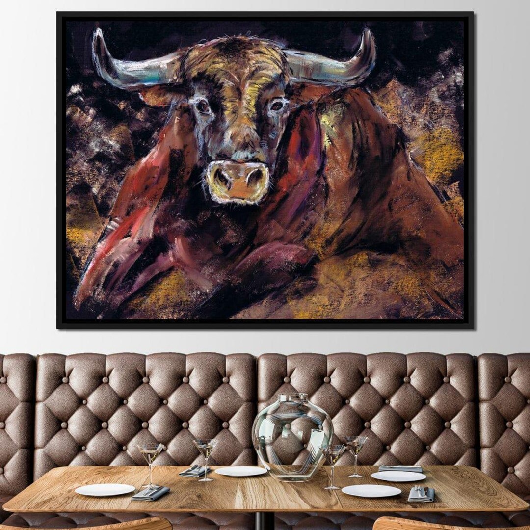 Brown Bull Charge: Rustic Farmhouse Bull Art Print | Animal Painting ...