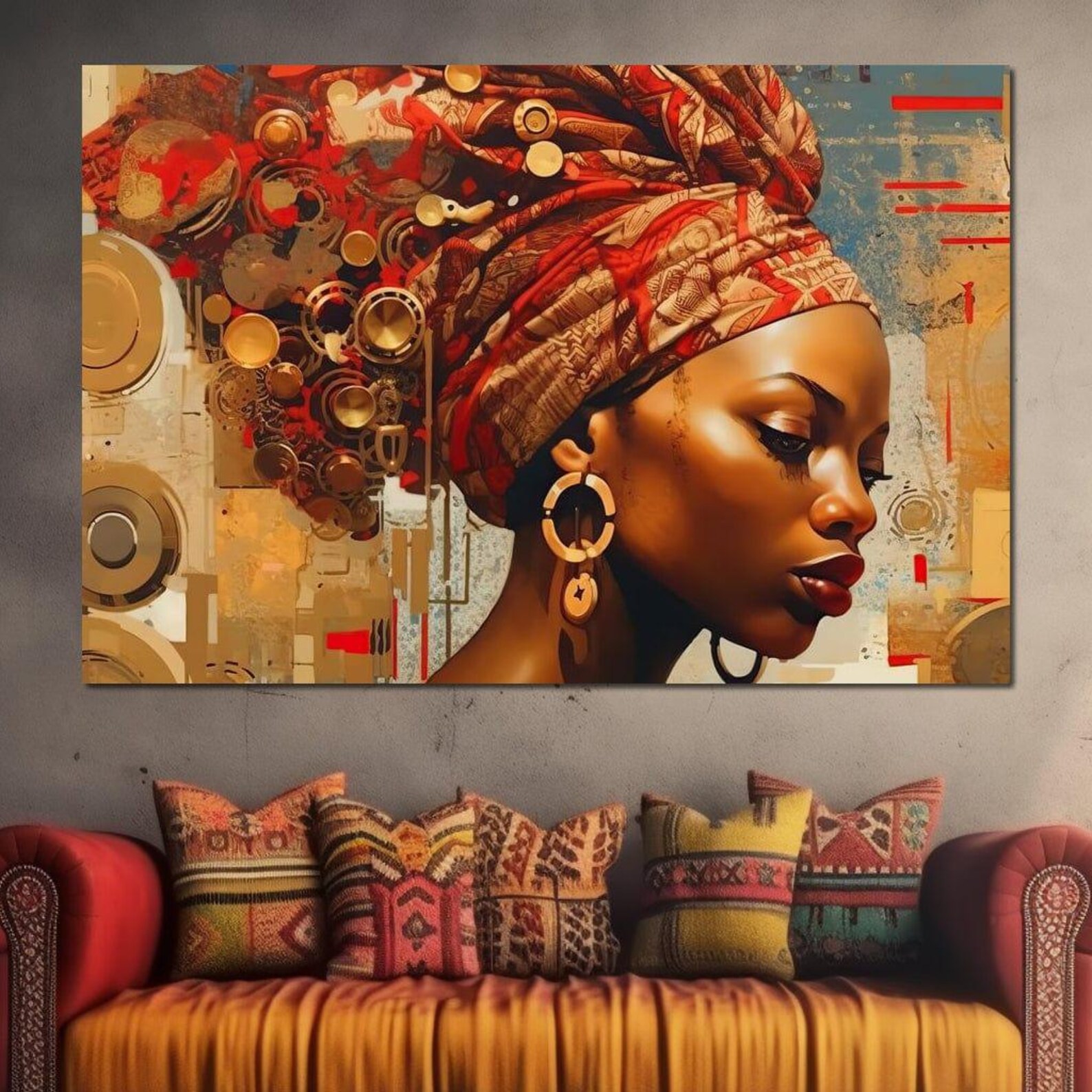 African Portrait Dingane - Bold African Art Print | Beige, Brown, Red ...