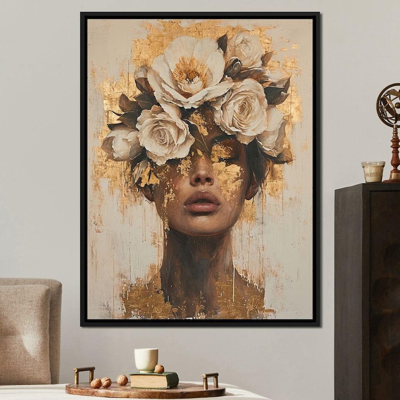 Golden Petal Visage: Flower Face Art | Feminine Decor | Gold Leaf Art ...