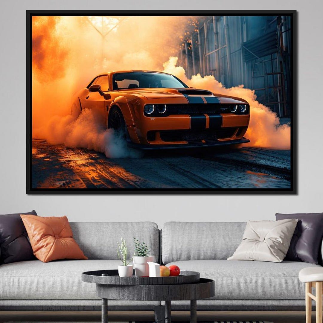 Hellcat Burnout - Rider Art: Cool Car Decor | Orange Muscle Car Canvas ...
