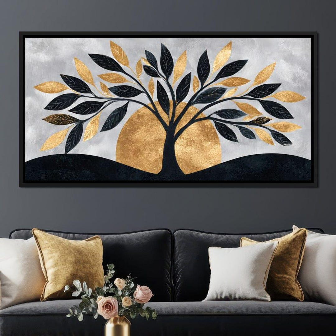 Golden Dawn Tree Reverie: Elegant Gold & Black Nature Wall Art for Home ...