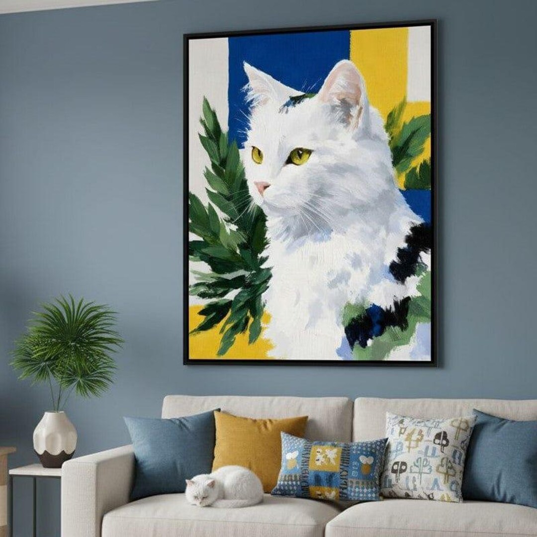 Snowy Feline Golden Eye Portrait: Colorful Cat Wall Art | Home Decor ...