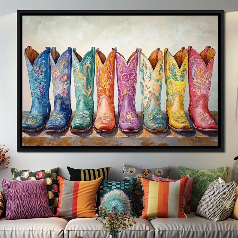 Western Boot Parade: Colorful Rustic Wall Art Cowboy Boot Painting ...