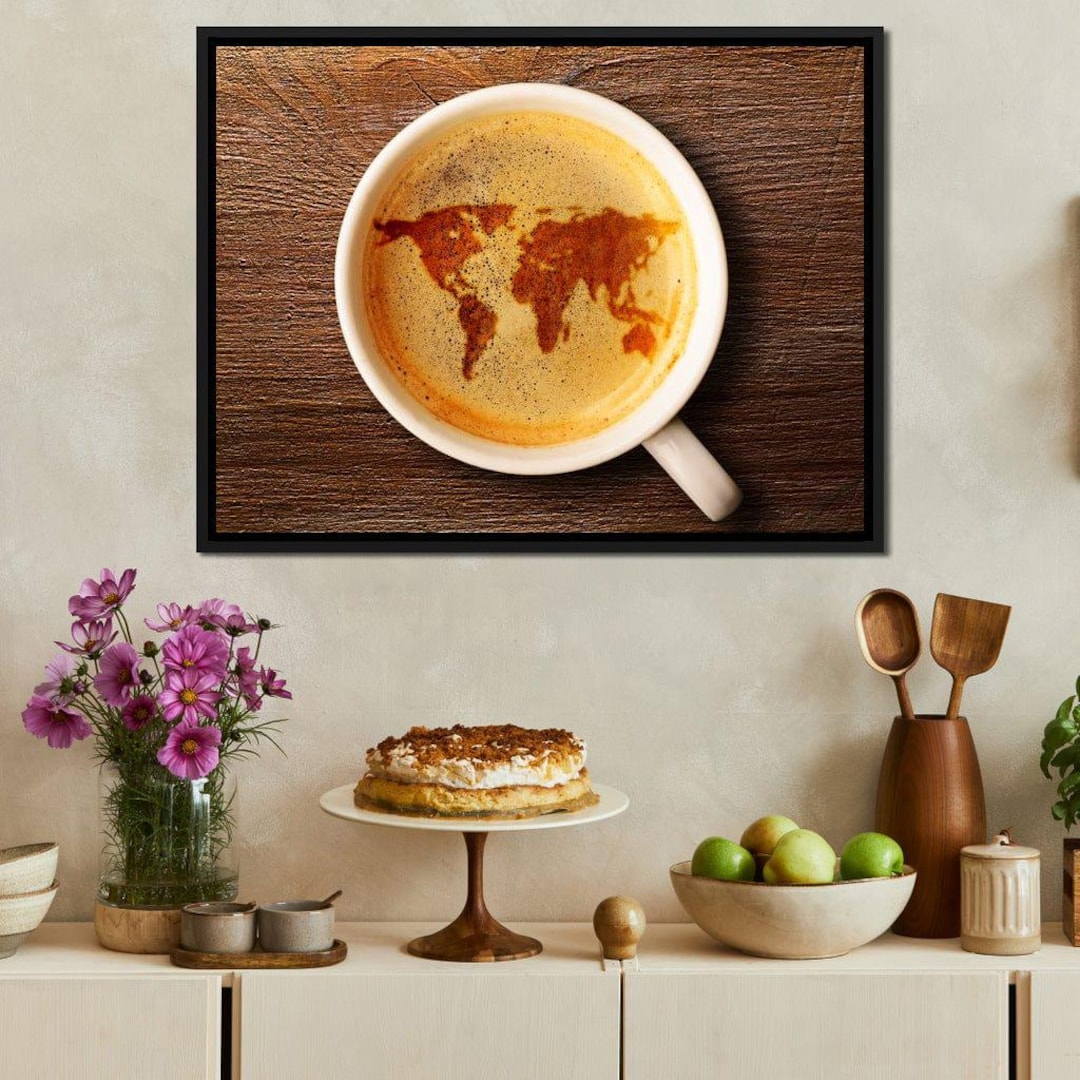 World Map Coffee Cup: Coffee Themed Wall Art | World Map Decor | Travel ...