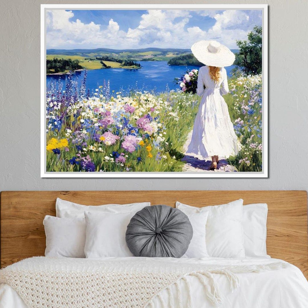 Summer Stroll by the Lake: Floral Art, Nature Scene Home Decor, Woman ...