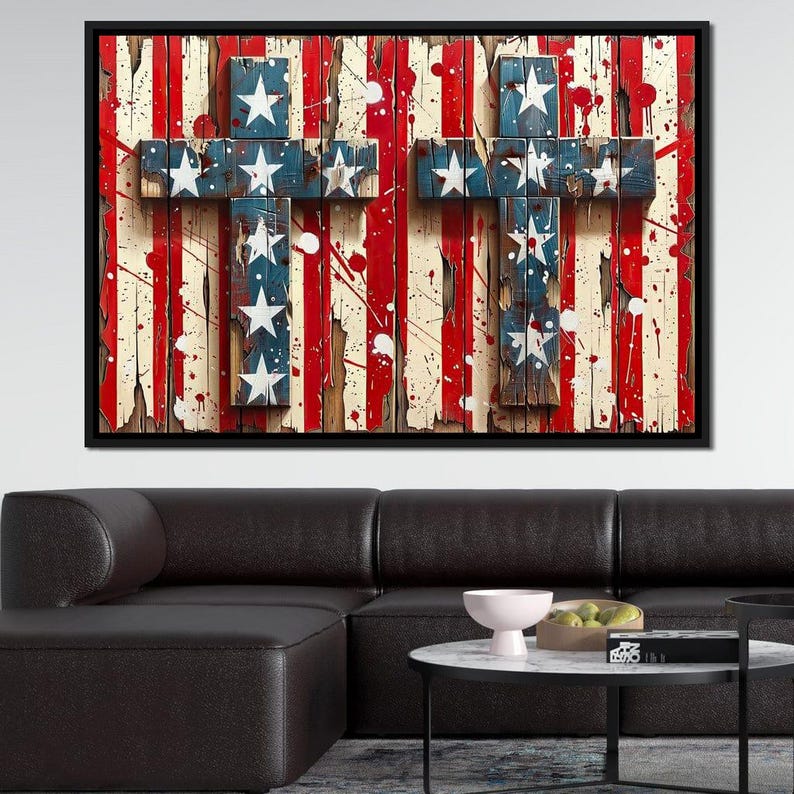 Patriotic Splatter on Planks: Rustic USA Decor Red White Blue Christian ...