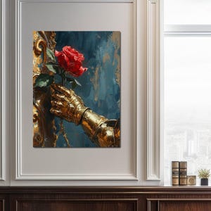 Knightly Bloom in Gilded Gauntlet: Medieval Rose Art | Gold Armor Decor ...