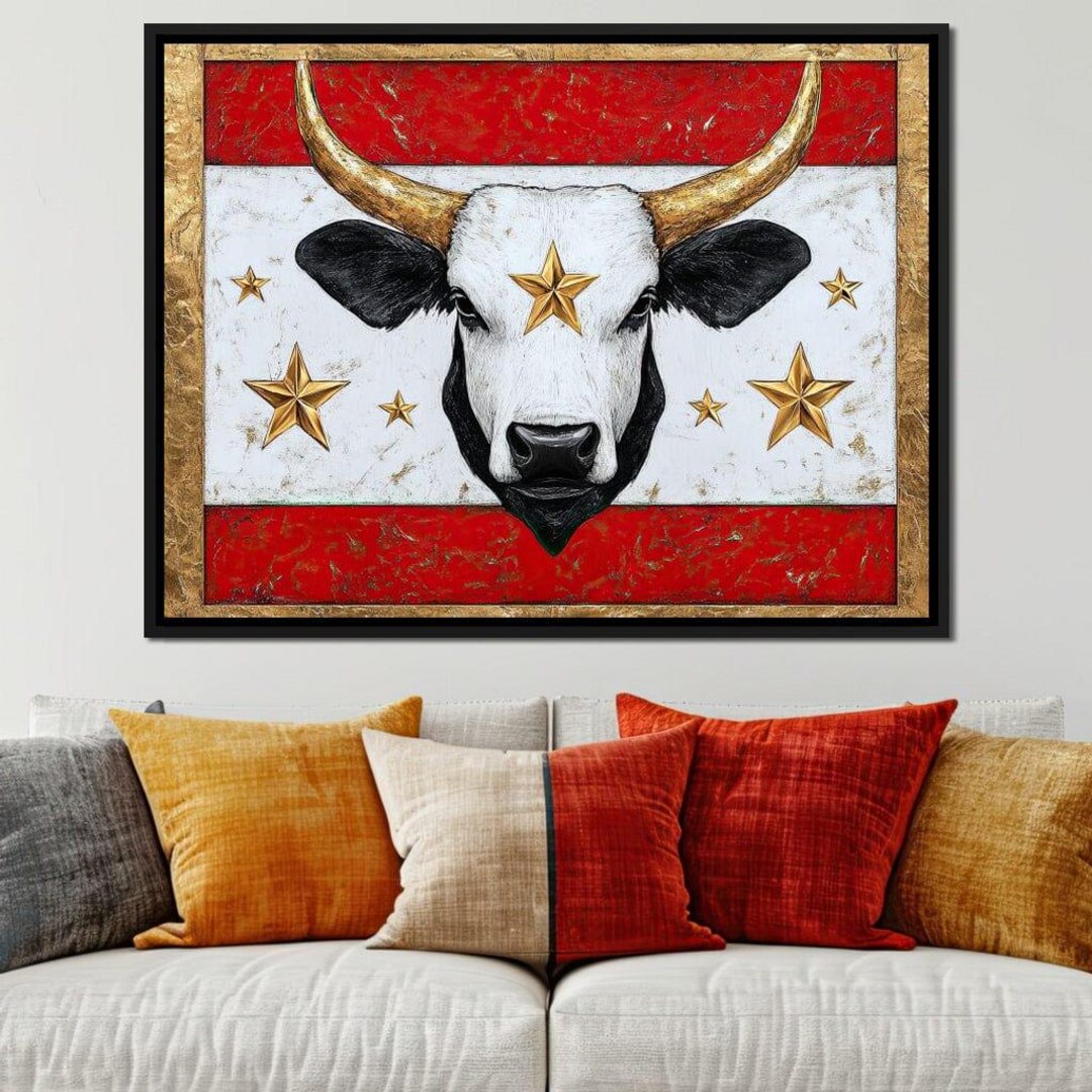 Golden Star Bull Uprising: Bold Bull Wall Art | Red White Home Decor ...