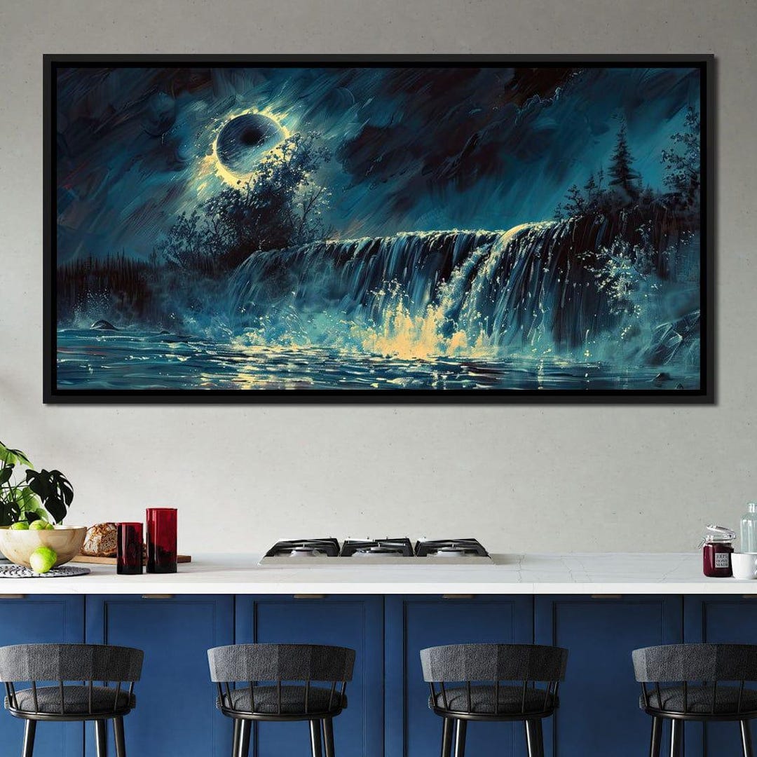 Lunar Cascade: Turquoise Waterfall Art Nightscape Mystical Landscape Dreamy Nature Decor Fluid ...