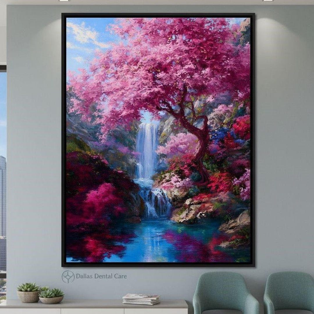 Cherry Cascade Dream Valley Canvas Print | Pink Nature Art | Waterfall ...