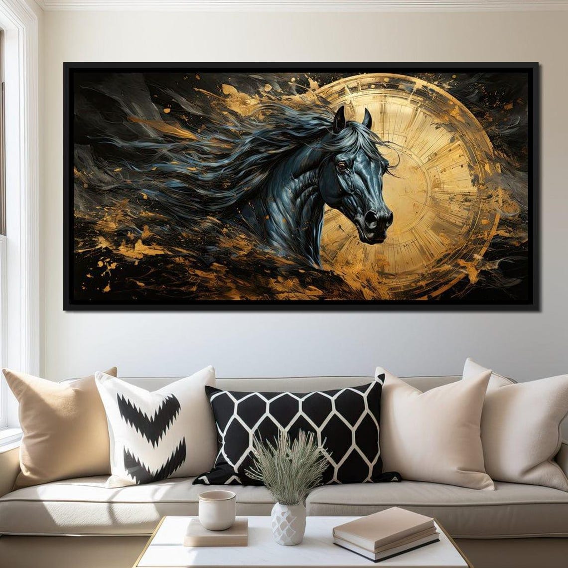 Astral Equine Eclipse: Abstract Black Horse Canvas Gold & Brown ...