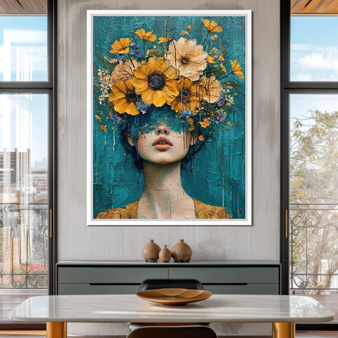 Golden Bloom Silhouette: Feminine Floral Art Botanical Poster Modern Home Decor Abstract ...