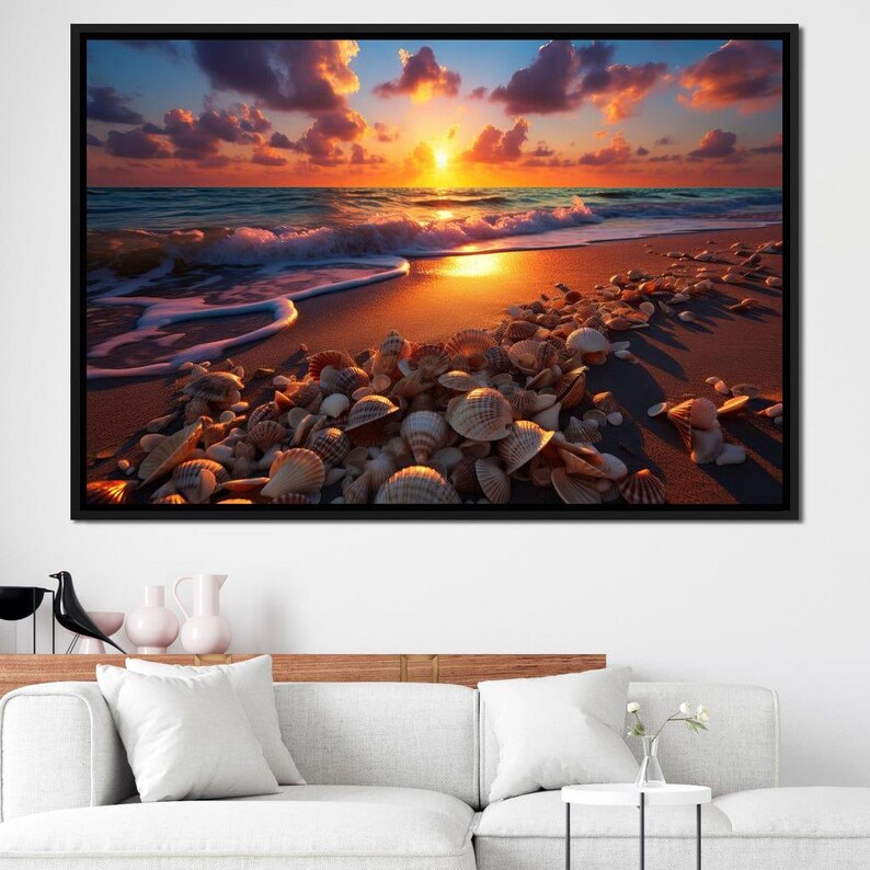 Sunset at the Seashell Shore Coastal Scene Beach Wall Art Ocean Sunset ...