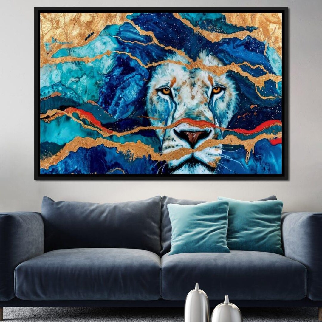 Imperial Lion With Azure Mane: Majestic Animal Art | Blue & Gold Decor ...