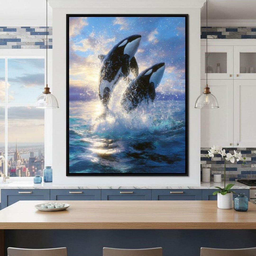 Breaching Orcas Dawn Ocean Dance: Marine Life Art | Ocean Decor | Home ...
