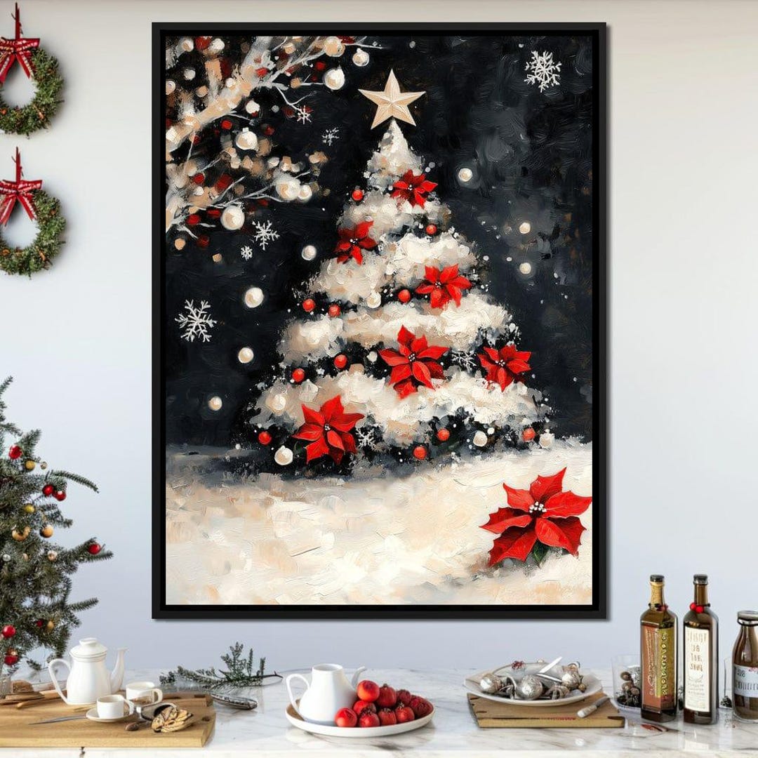 Holiday Pine Glow: Christmas Tree Art | Red Poinsettias | Snowy Scene ...