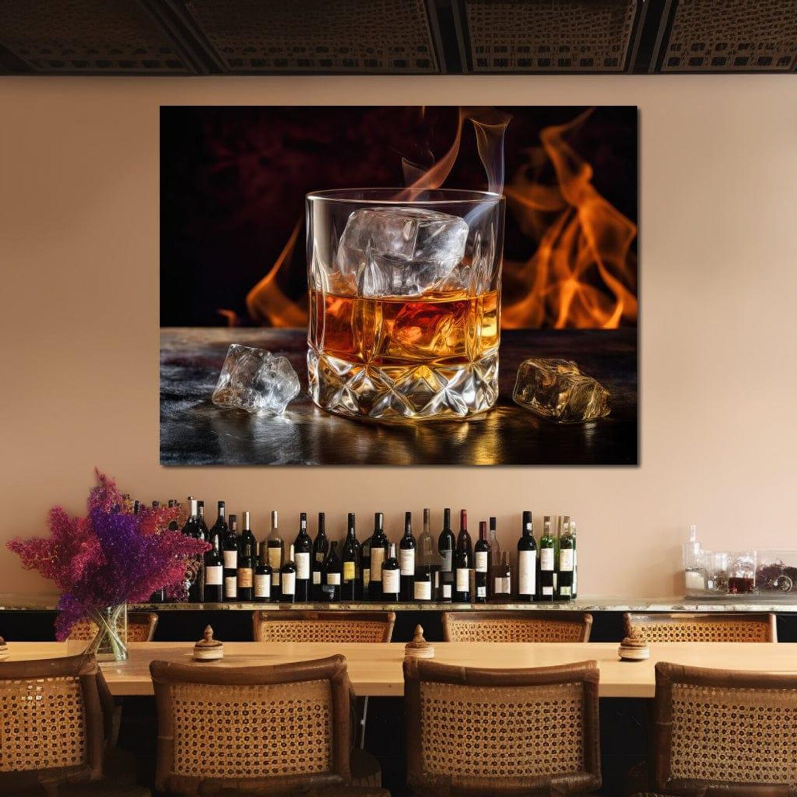 The Whiskey Enigma on Canvas: Whiskey Art Print | Bar Decor | Warm ...