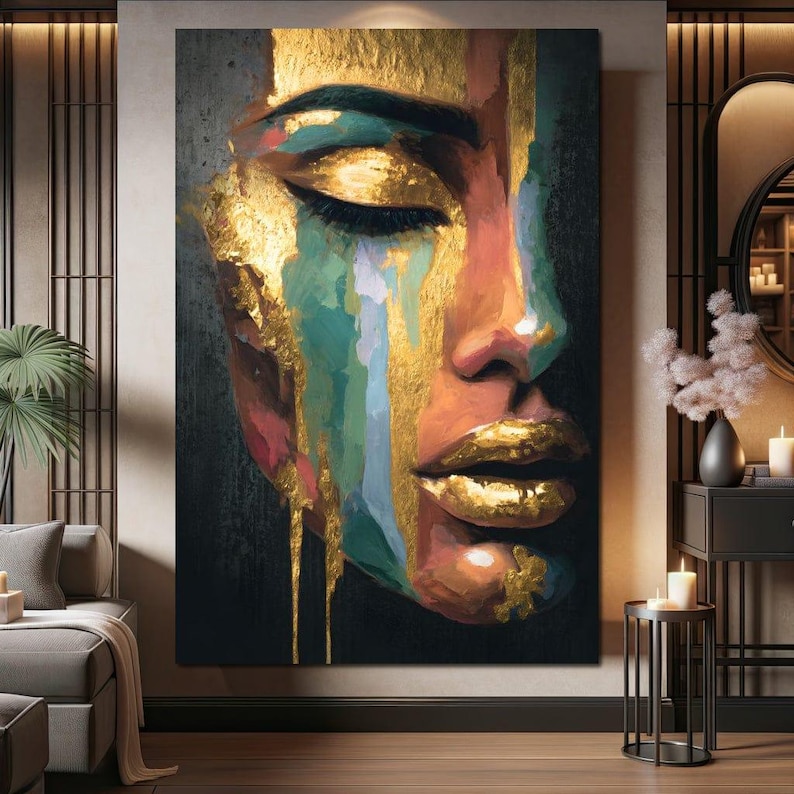 Golden Radiant Abstract Face: Modern Home Decor | Chic Wall Art | Bold ...