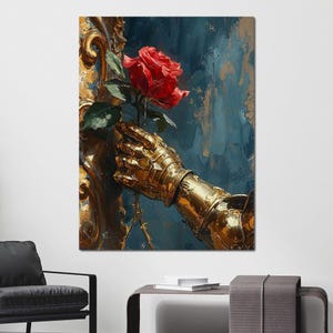 Knightly Bloom in Gilded Gauntlet: Medieval Rose Art | Gold Armor Decor ...
