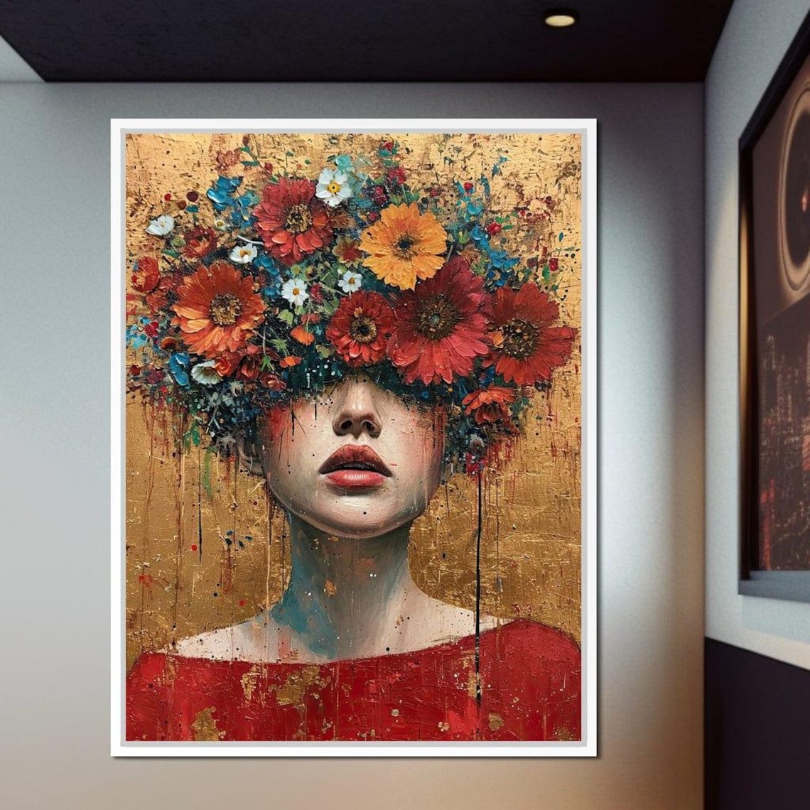 Bloomed Silence in Gold Floral Art Modern Portrait Elegant Wall Decor Contemporary Large Art ...