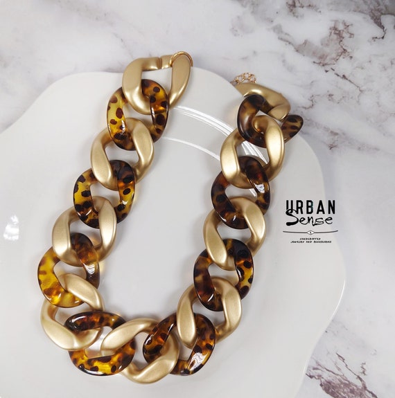 Matte Gold and Tortoise Shell Chunky Chain Link Statement Necklace Tortoise Shell Choker Bib Necklace Bridesmaids Necklace Gift for Her Etsy