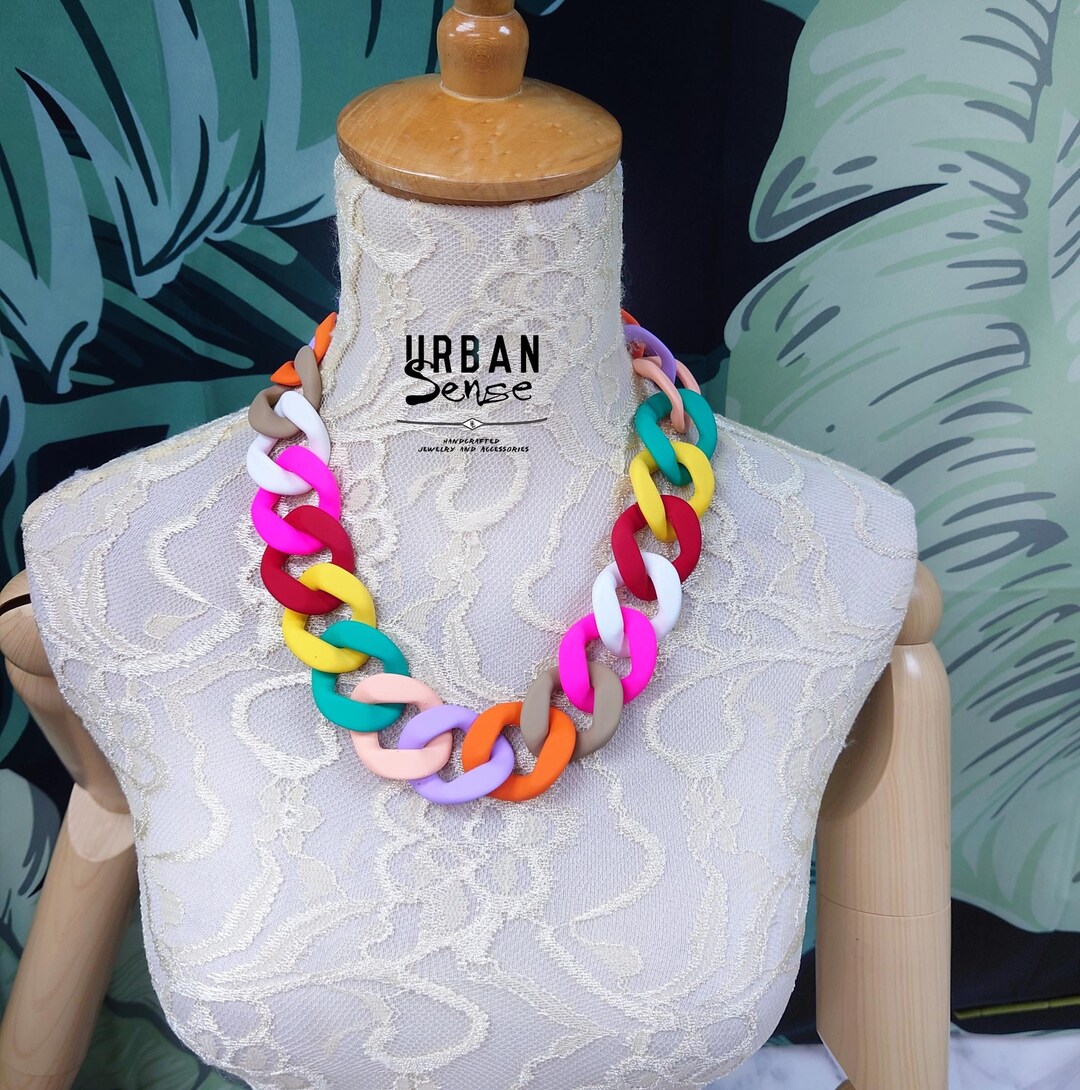 Colorful Matte Chunky Chain Link Statement Necklace, Summer Necklace ...