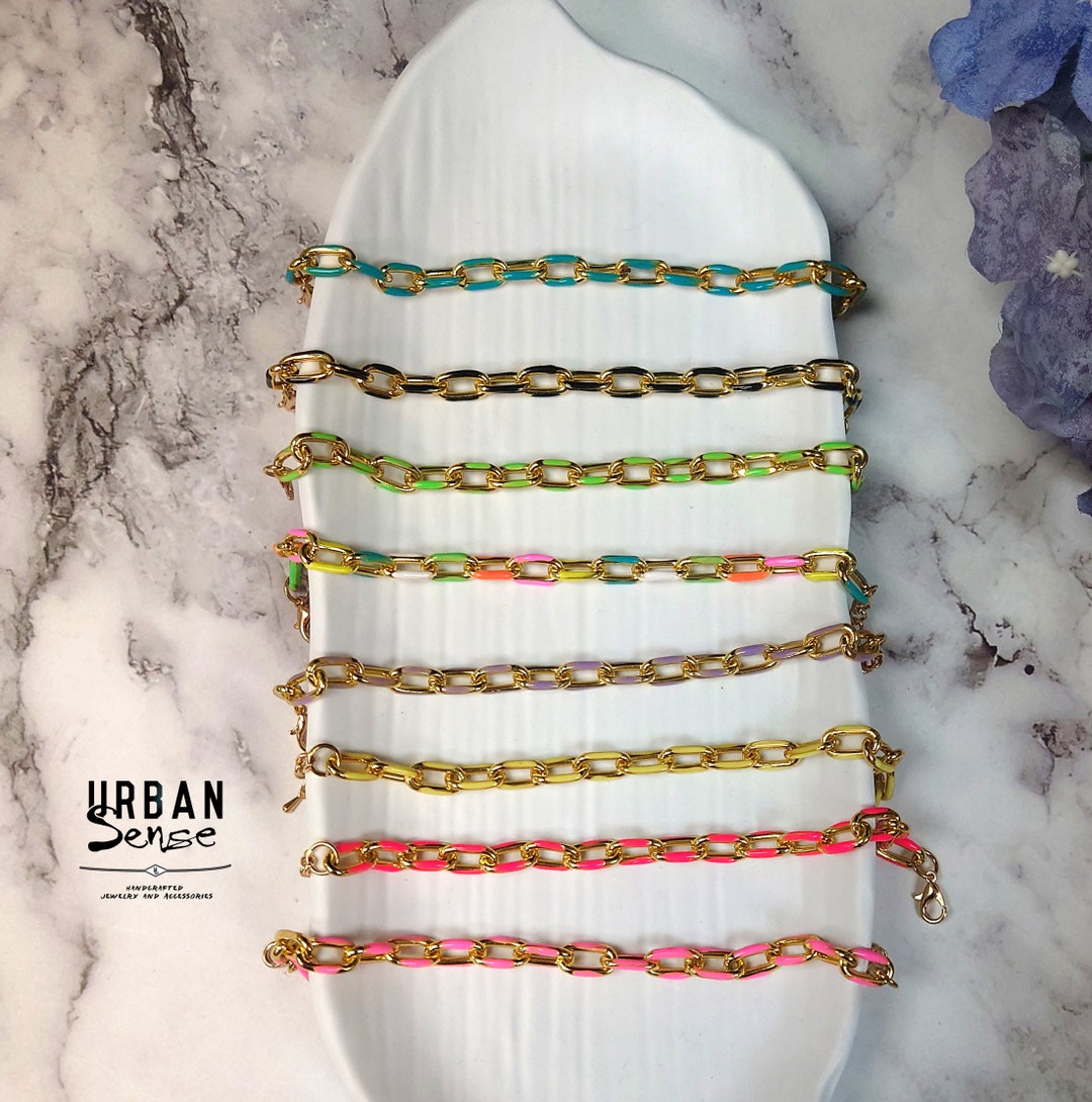 Gold Enamel Link Bracelet Chunky Neon Chain Link Bracelet - Etsy