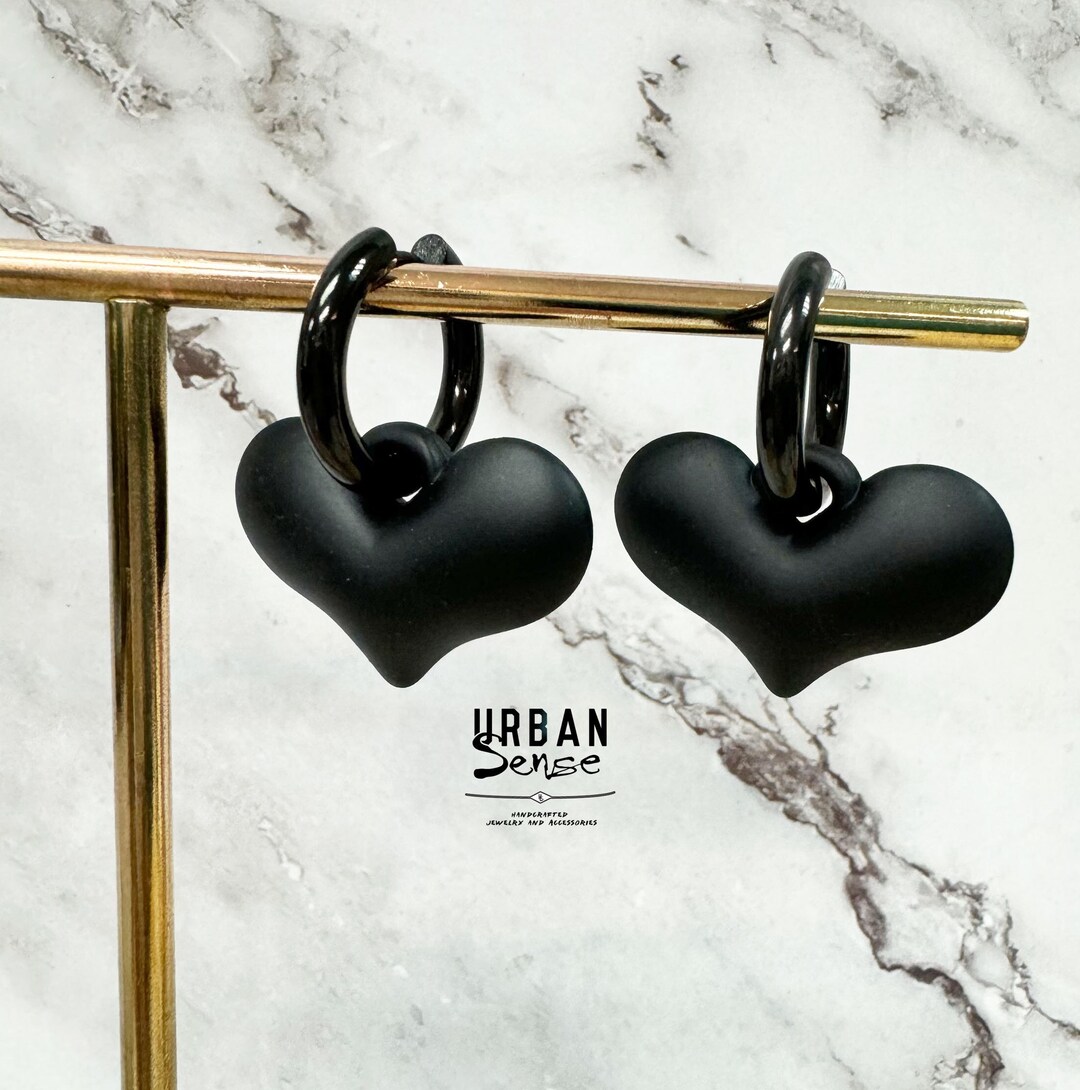 Matte Black Large Puff Heart Hoop Earrings, Gothic Hoops, Y2k Grunge ...