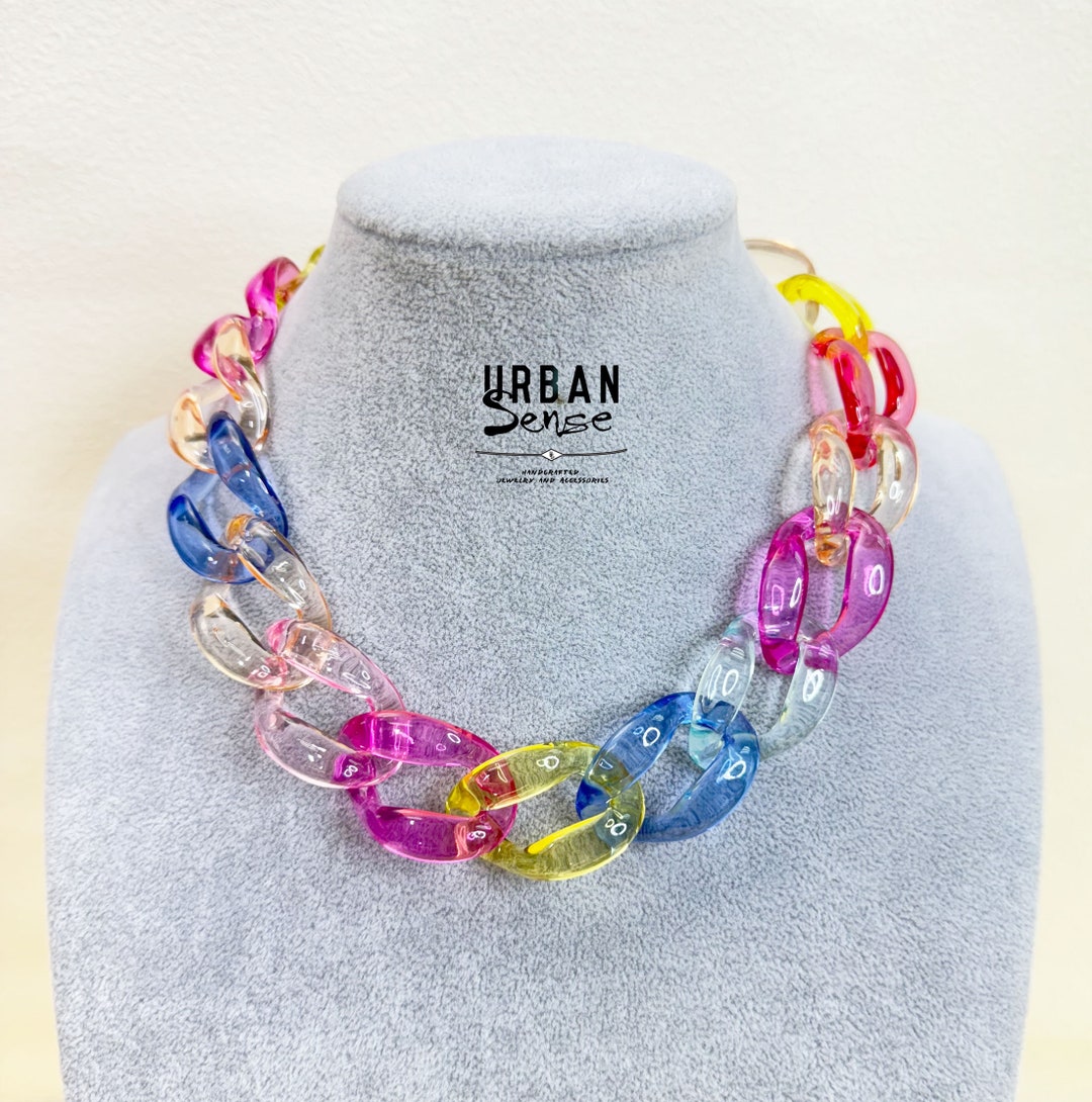 Pastel Rainbow Chunky Chain Necklace Acrylic Resin Colorful Oversized ...