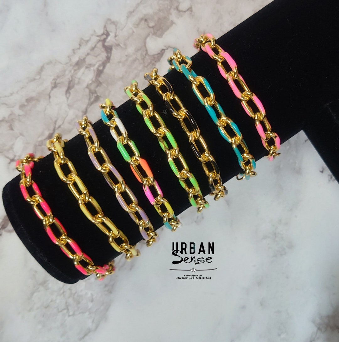 Gold Enamel Link Bracelet, Chunky Neon Chain Link Bracelet, Statement ...