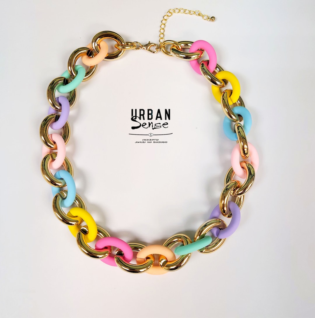 Pastel Rainbow Chunky Necklace - Colorful Acrylic Chain With Gold Links ...