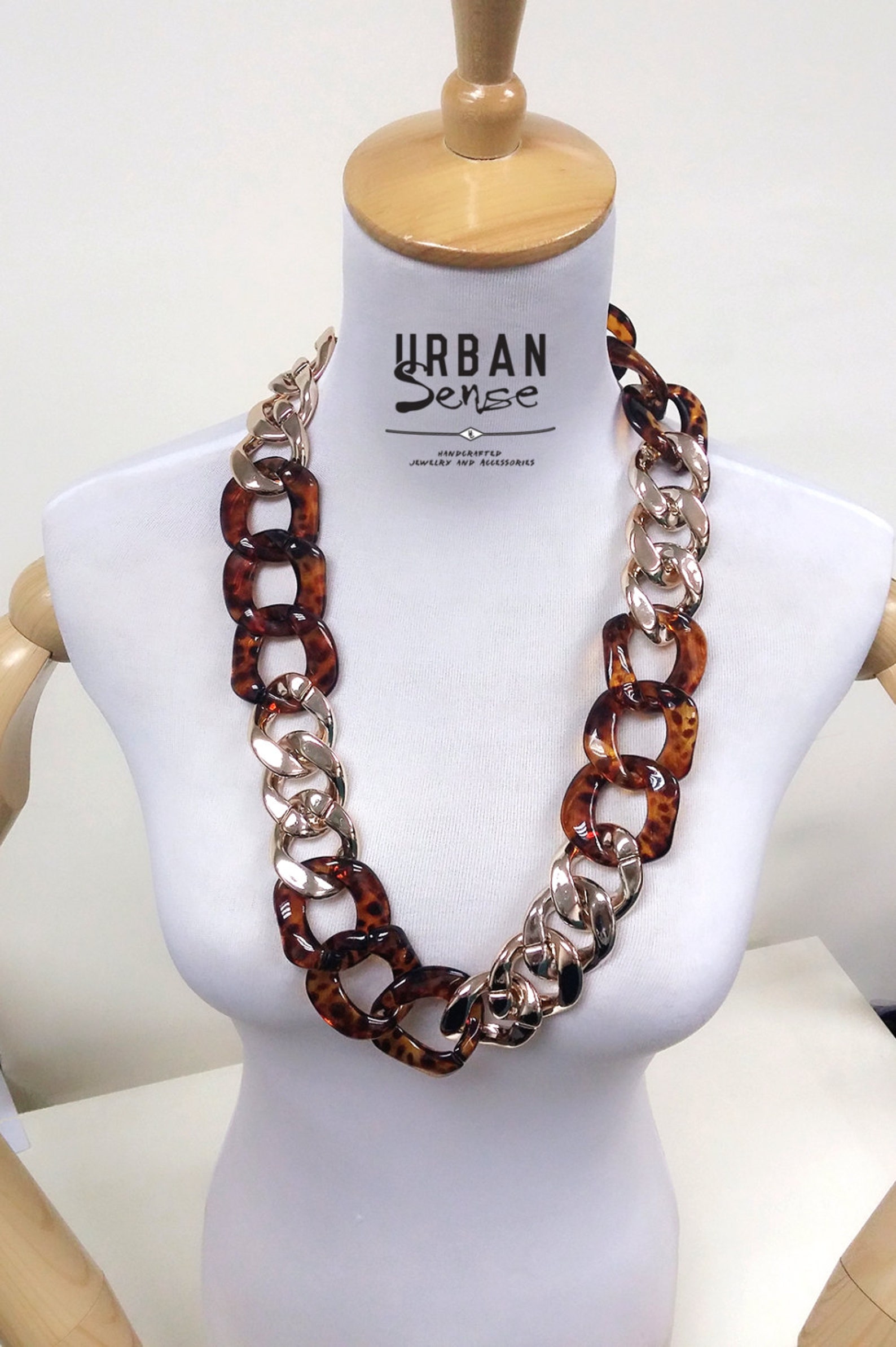 Gold and Tortoise Shell Chunky Chain Link Statement Necklace | Etsy