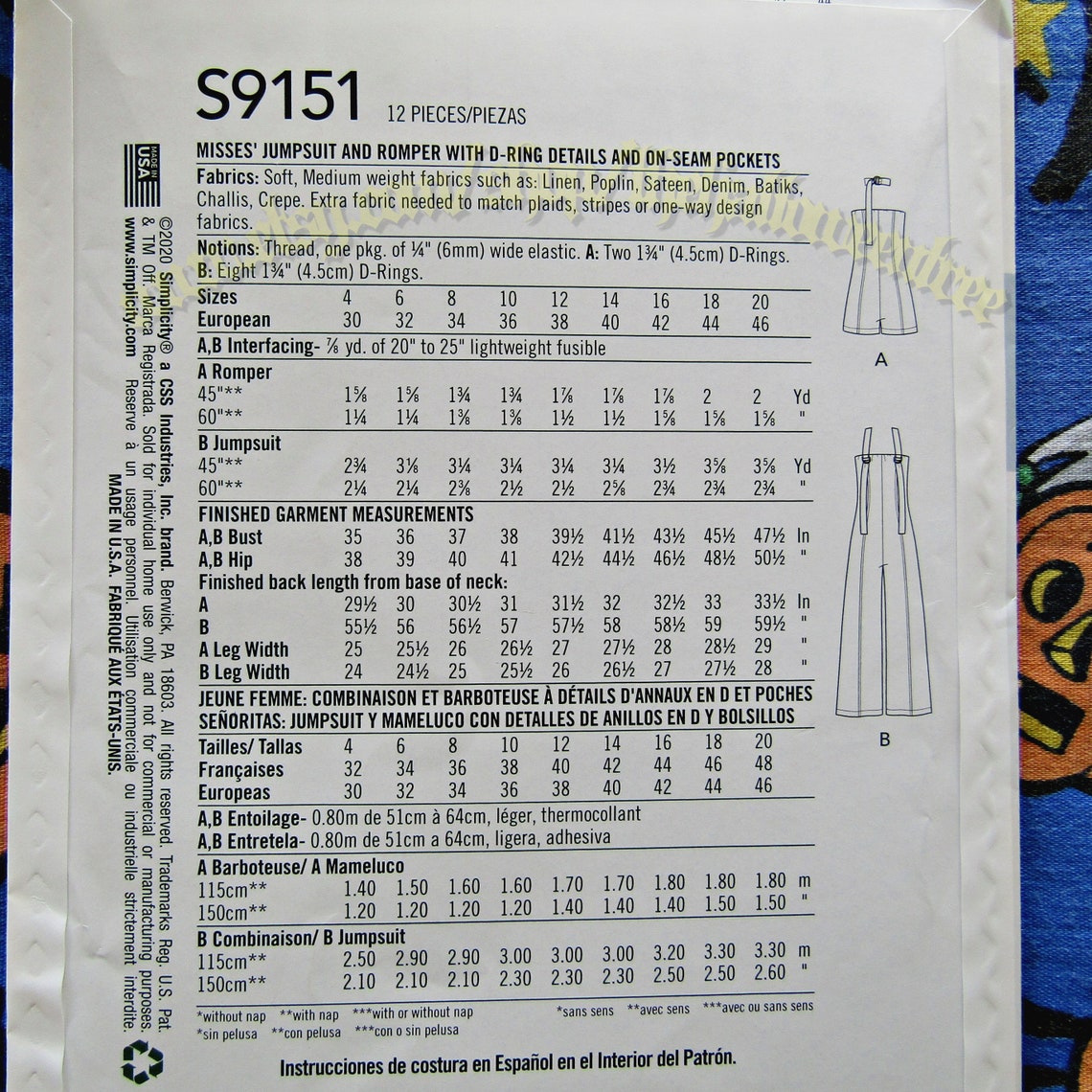 Simplicity 9151 4-12 Overalls Romper Playsuit Sewing Pattern - Etsy