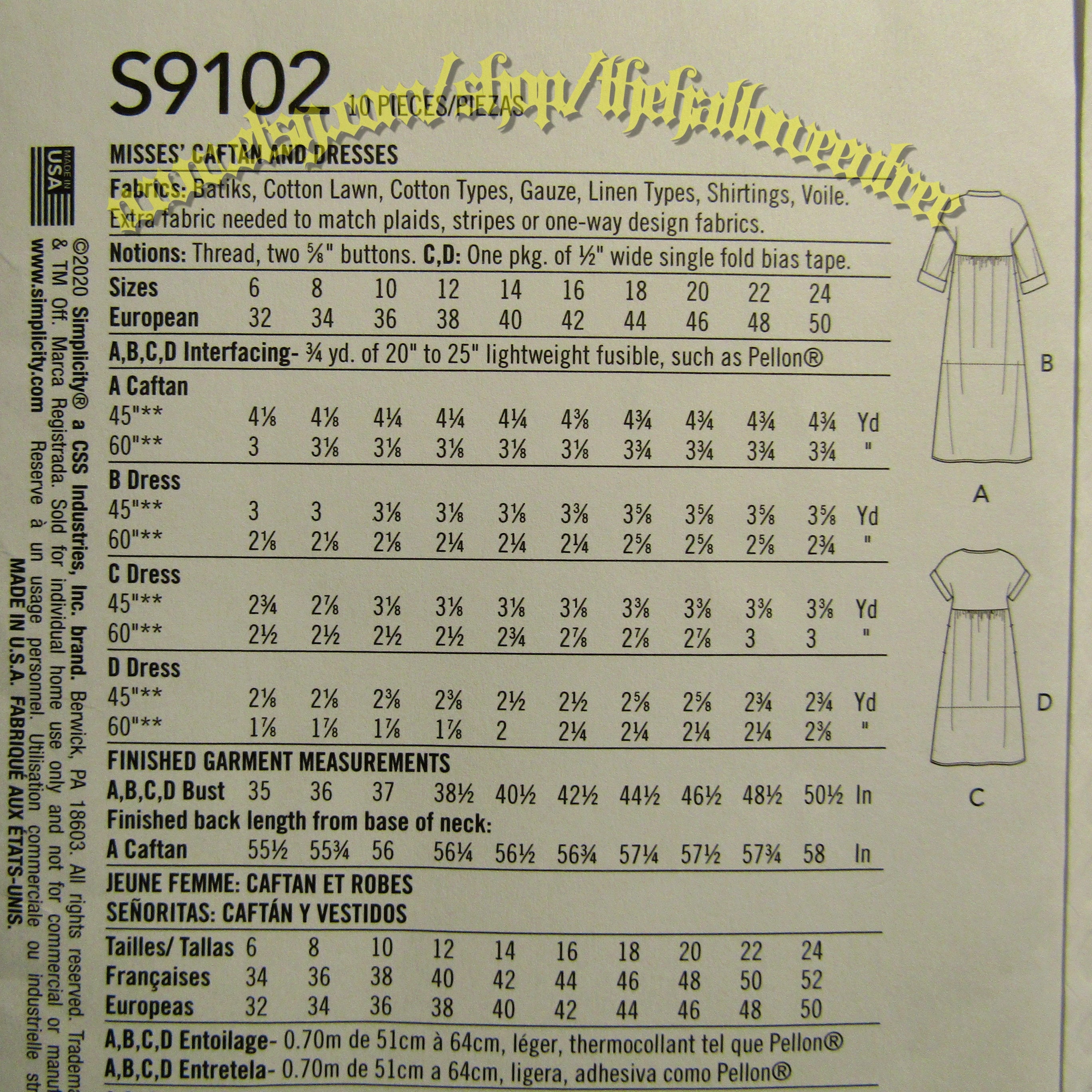Simplicity 9102 Caftan Summer House Dress Sewing Pattern Sizes | Etsy