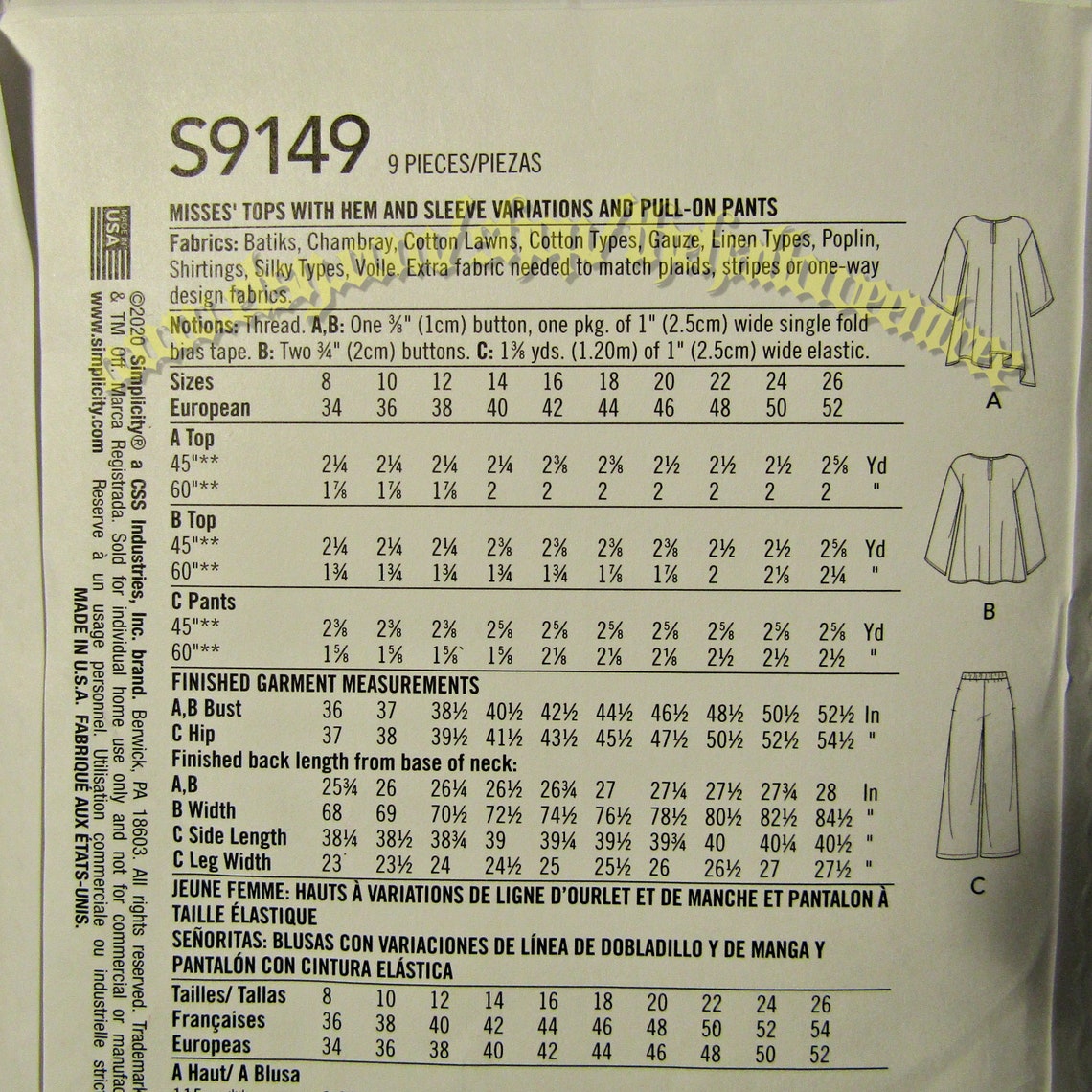 Simplicity 9149 Boho Blouse Top and Pants Sewing Pattern | Etsy