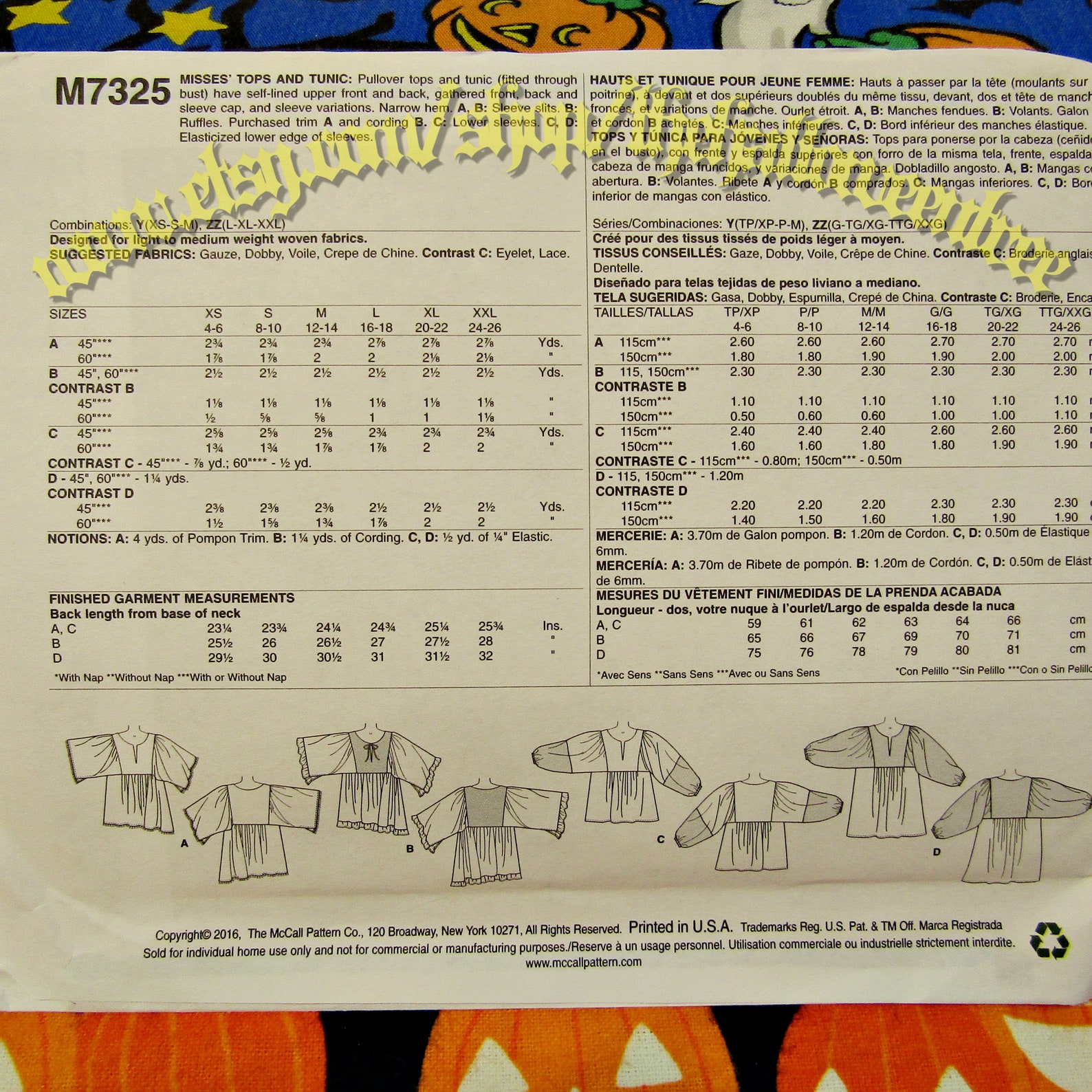 Mccalls 7325 Boho Tunic Top Blouse Dress SEWING PATTERN Sizes XS-M 4-14 ...